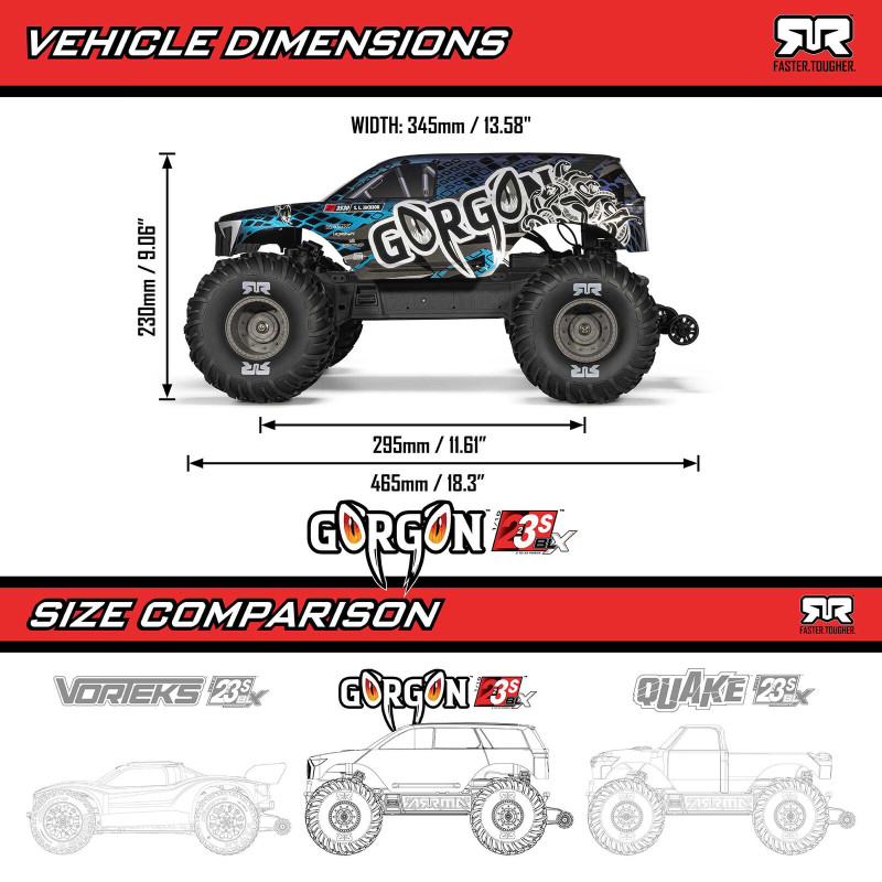 ARRMA 1/10 GORGON 223S 2WD RTR Brushless Monster Truck, Blue/Black